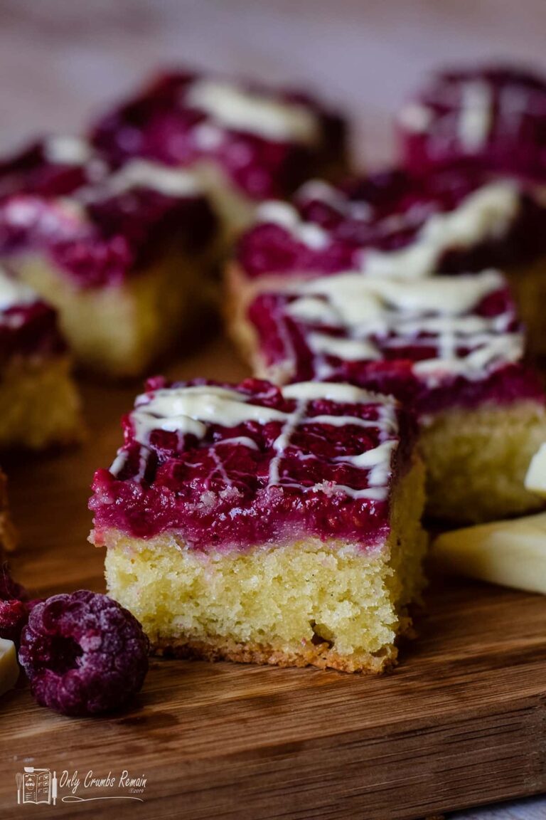 Raspberry and White Chocolate Traybake Cake | Only Crumbs Remain